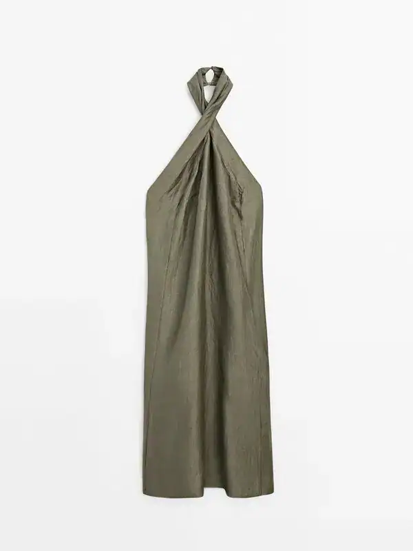 Massimo Dutti Linen Blend Halter Dress - Greyish Green